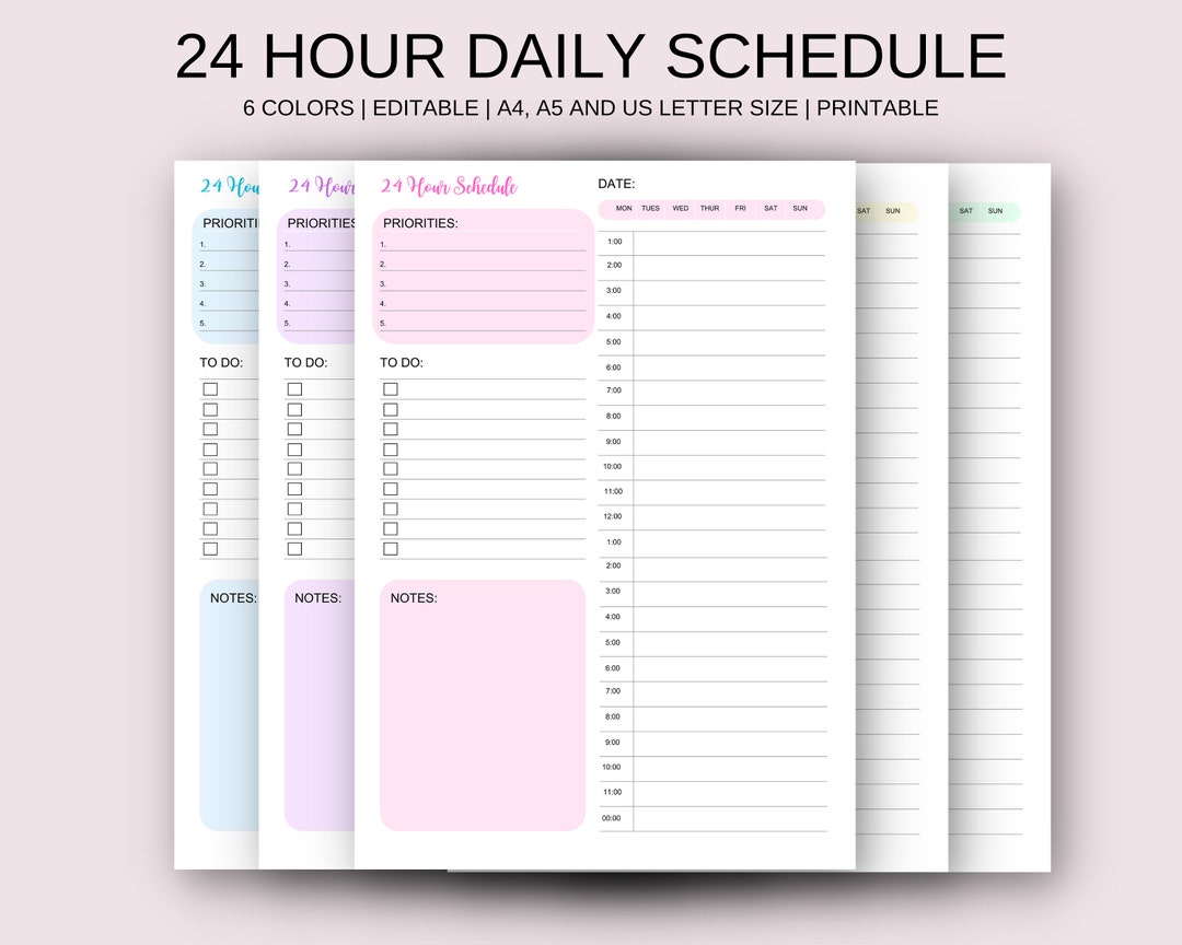 24 Hour Daily Planner Printable | 6 Colors | PDF Download | Hourly Time ...
