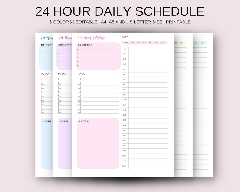 24 Hour Daily Planner Printable | 6 Colors | PDF Download | Hourly Time ...