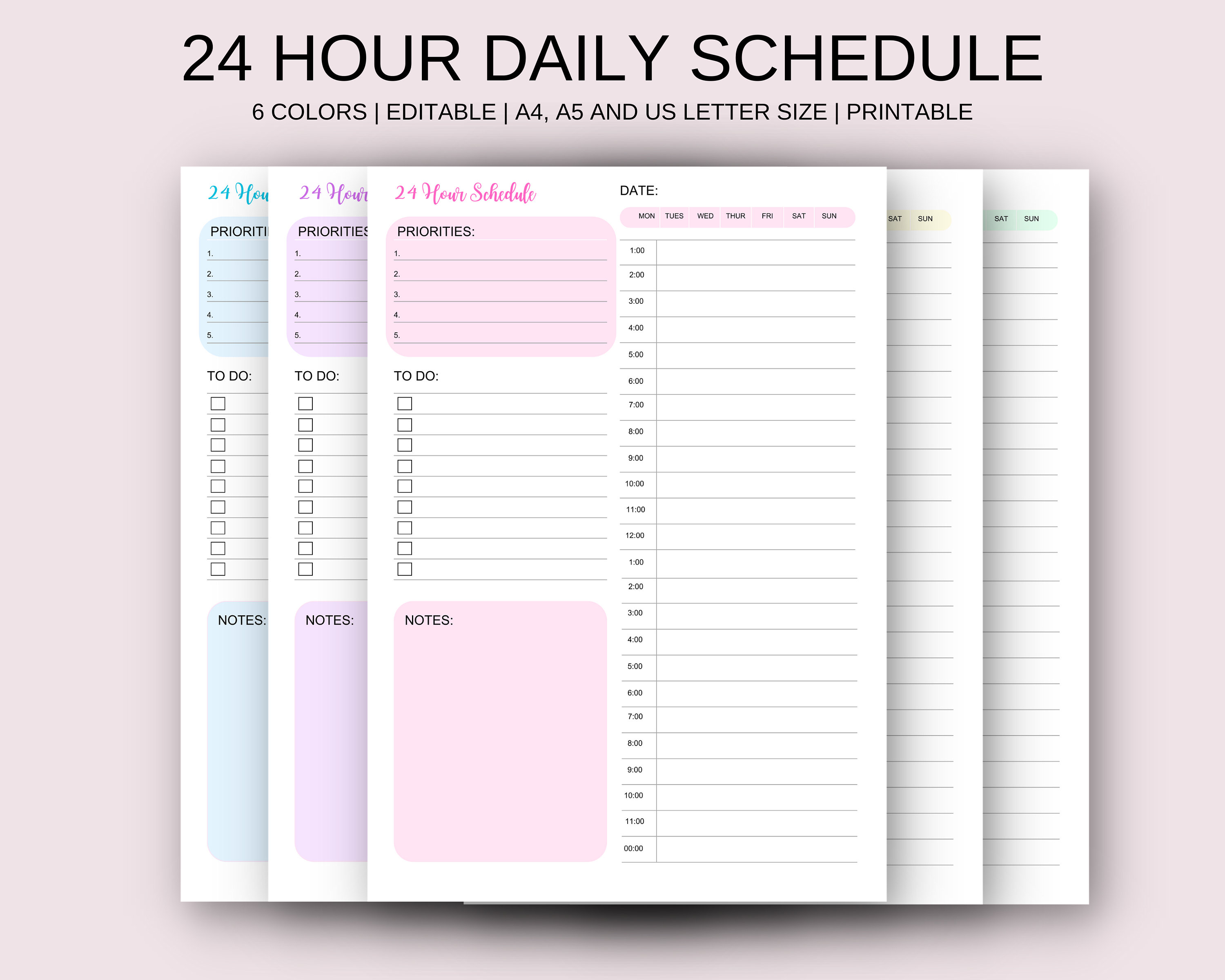 24 Hour Daily Planner Printable | 6 Colors | PDF Download | Hourly Time ...