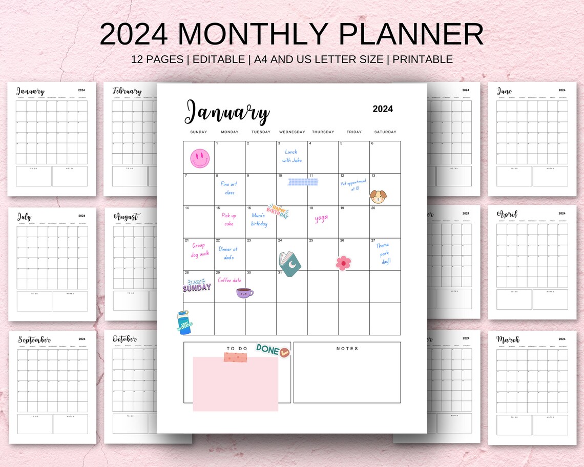2024 Monthly Planner Printable | Minimalist Black and White Calendar ...