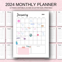 2024 Monthly Planner Printable Minimalist Black and White Calendar ...