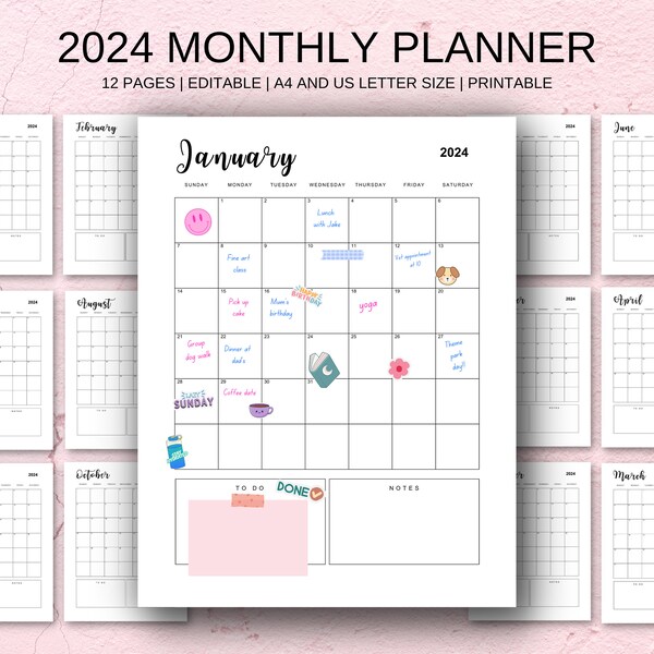 2024 Monthly Planner Printable Minimalist Black and White Calendar ...