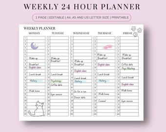 24 Hour Weekly Schedule Printable PDF | 5 Day Week at a Glance Planner ...