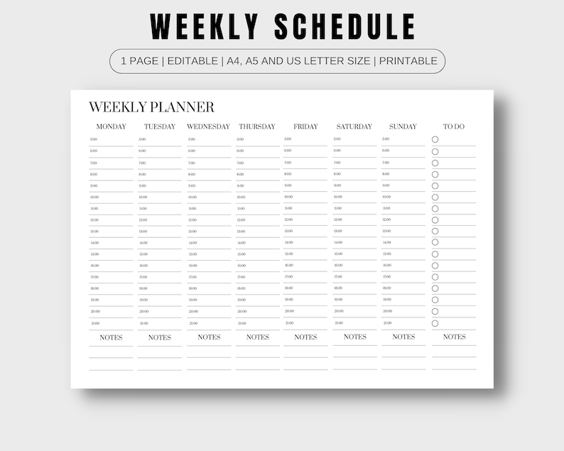 Editable Weekly Hourly Planner | Printable Weekly Schedule | Weekly ...