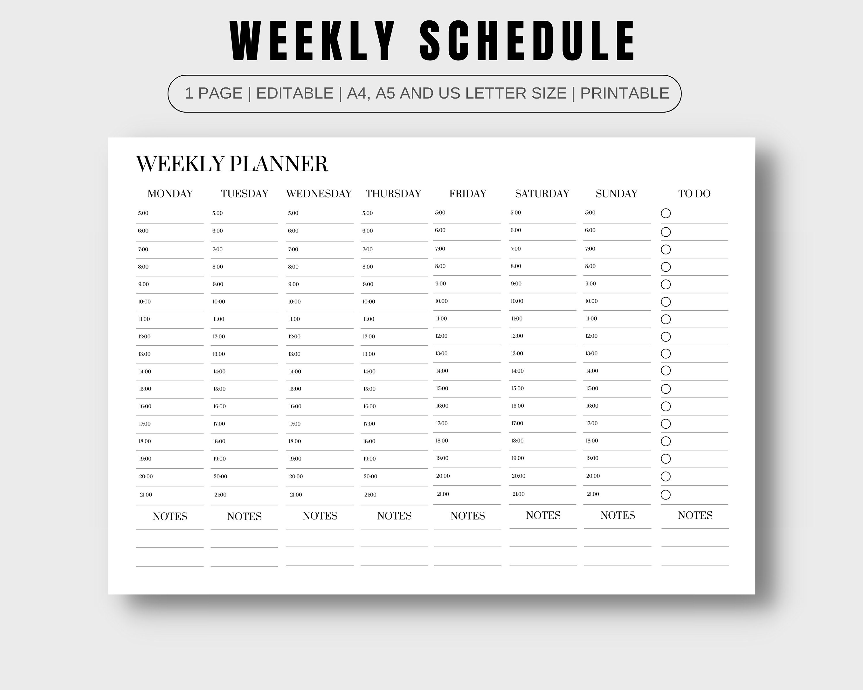 Editable Weekly Hourly Planner | Printable Weekly Schedule | Weekly ...