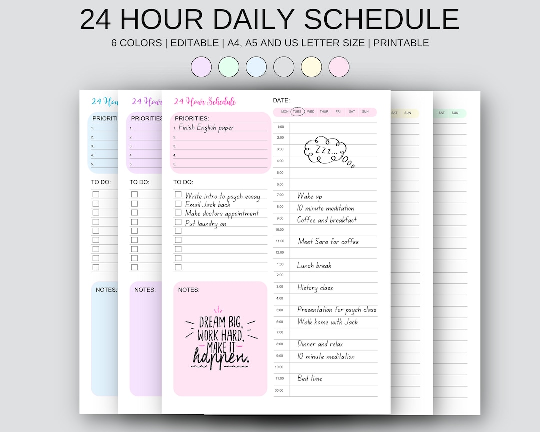 24 Hour Daily Planner Printable | 6 Colors | PDF Download | Hourly Time ...