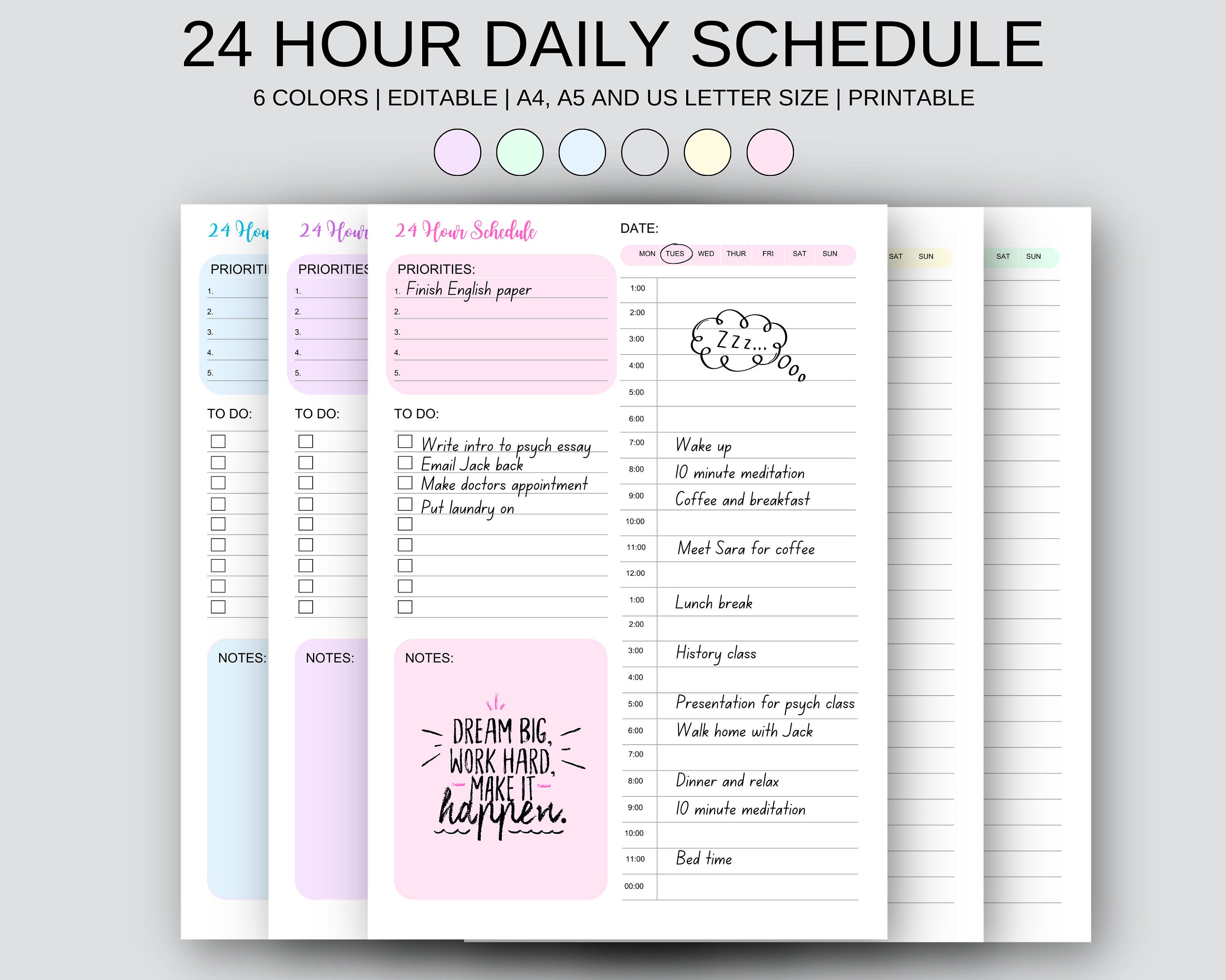 24 Hour Daily Planner Printable | 6 Colors | PDF Download | Hourly Time ...