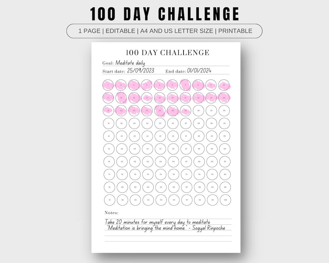 100 Day Challenge Tracker | Printable | Editable PDF | Digital Download ...