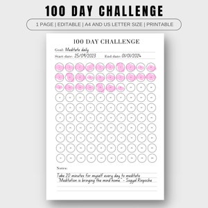 100 Day Challenge Tracker | Printable | Editable PDF | Digital Download ...