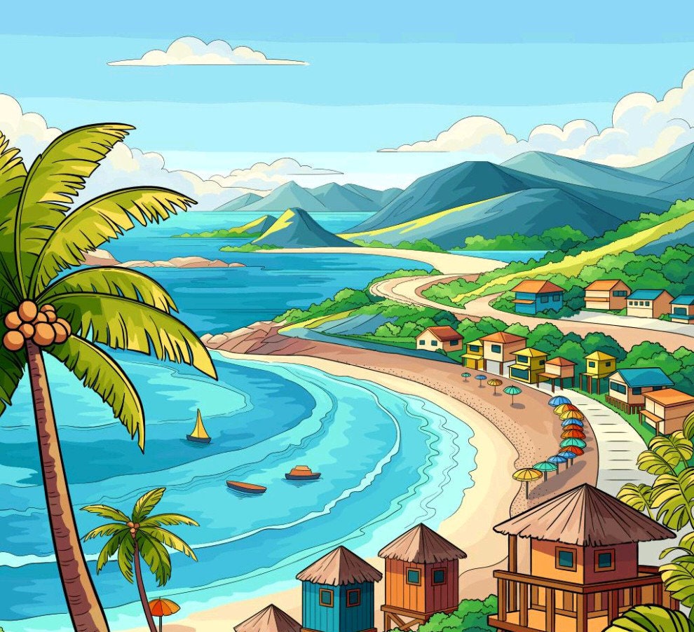 Beach Scenery | Beach, Sand, Palm Trees and Huts | Nature Coloring ...