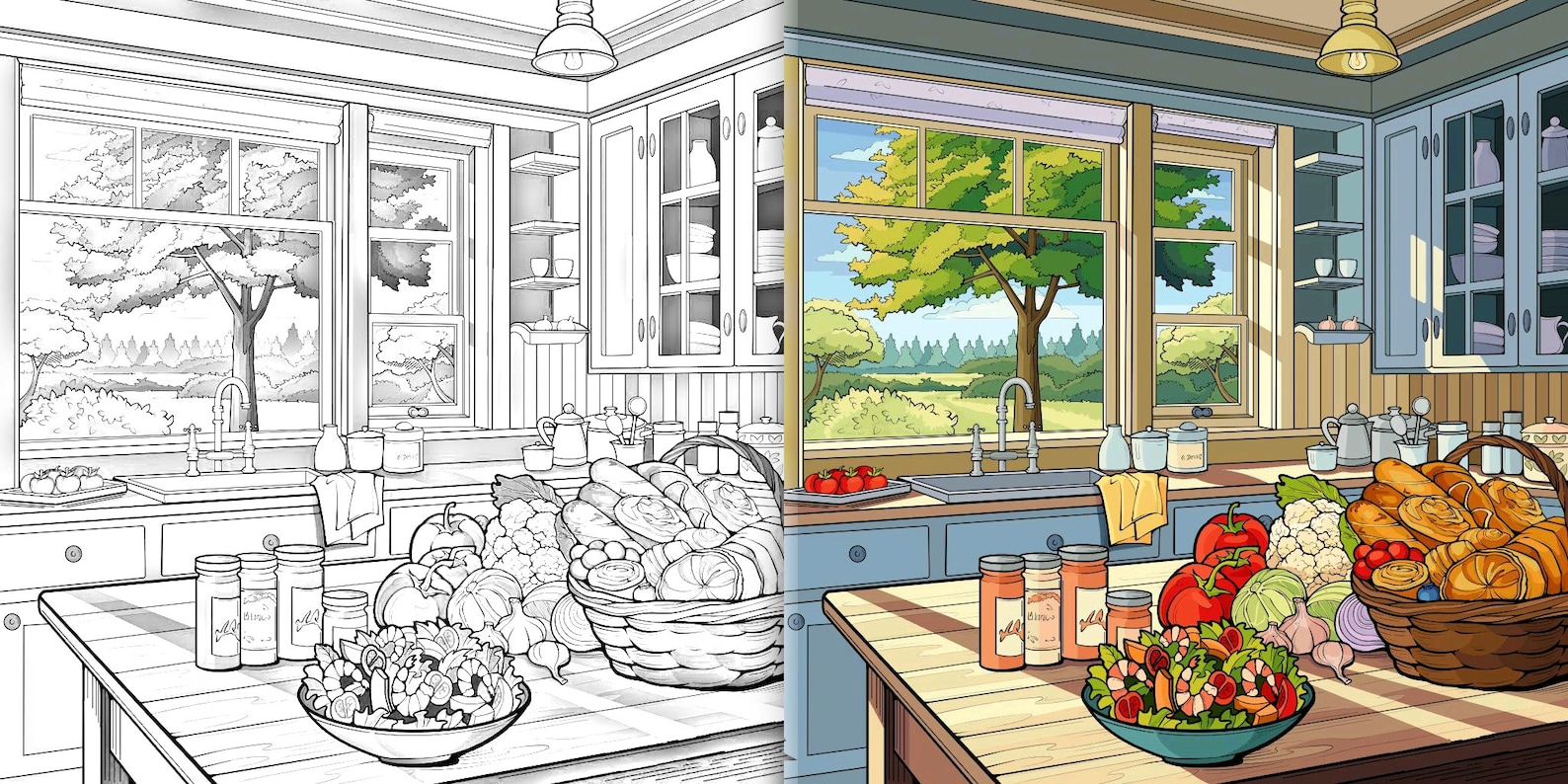 Kitchen Scene With Food, Food and Nature Coloring Pages for Kids and ...
