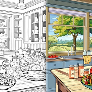 Kitchen Scene With Food, Food and Nature Coloring Pages for Kids and ...