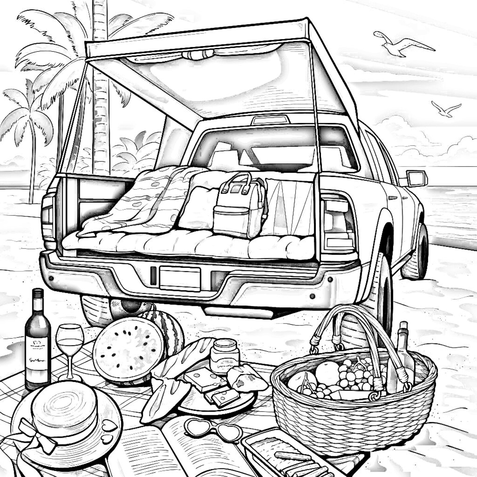 Beaches and Palm Trees for a Relaxing Life, Camping and Travel Coloring ...