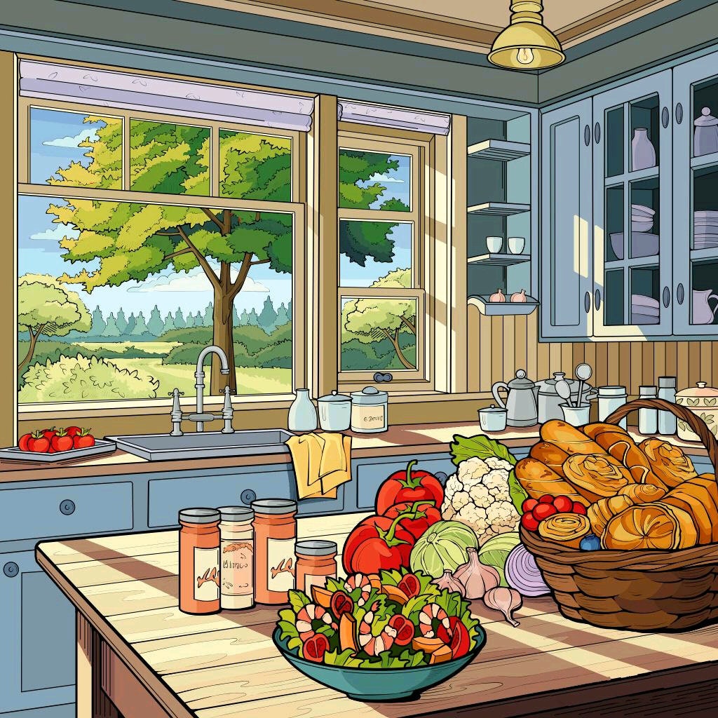 Kitchen Scene With Food, Food and Nature Coloring Pages for Kids and ...