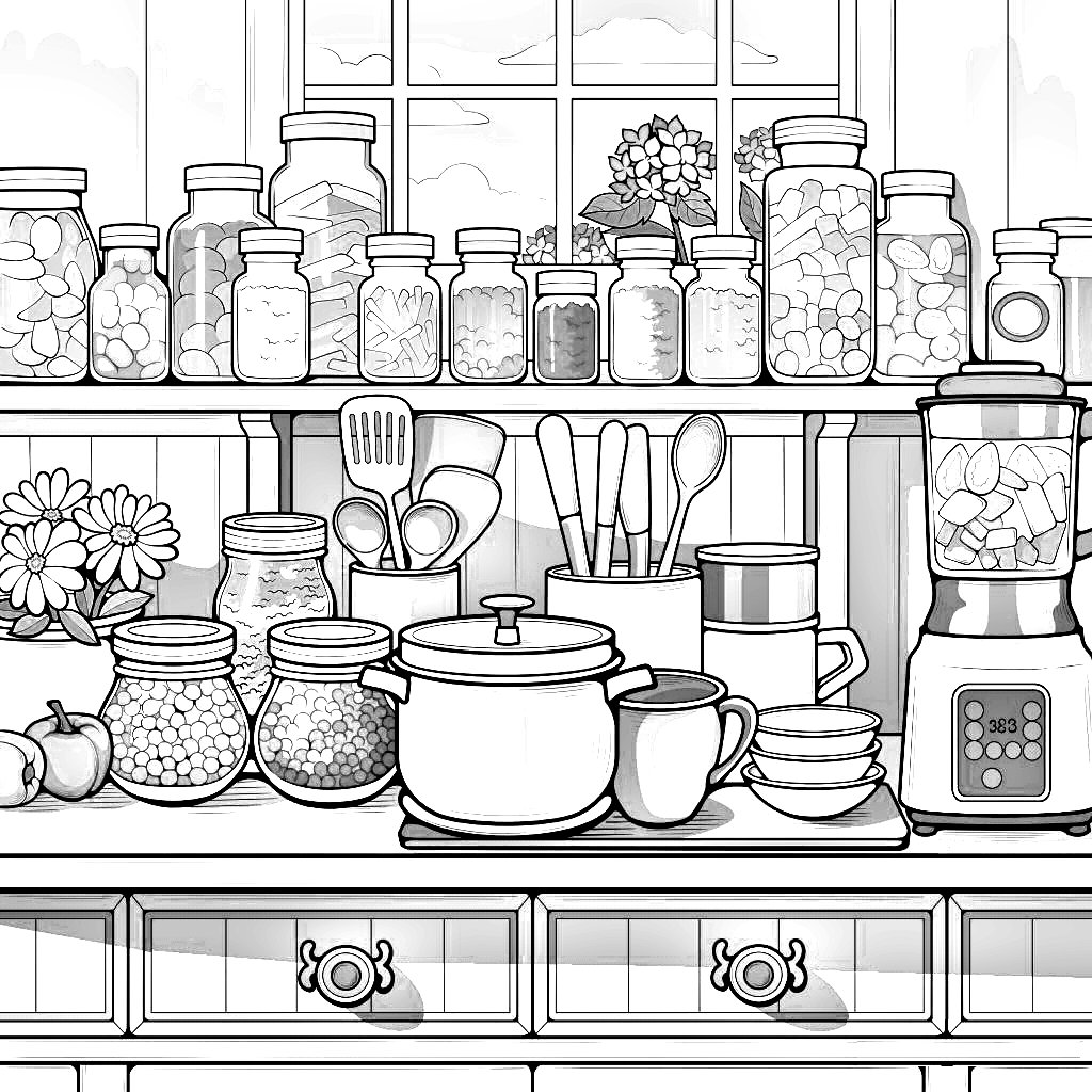 Kitchen Cabinet With Food and Appliances, Candy and Jelly Food Coloring ...