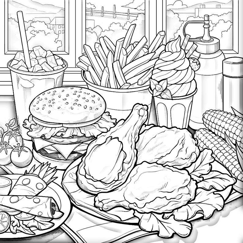 Food Coloring Pages for Kids and Adults Digital Printable Downloads PDF ...