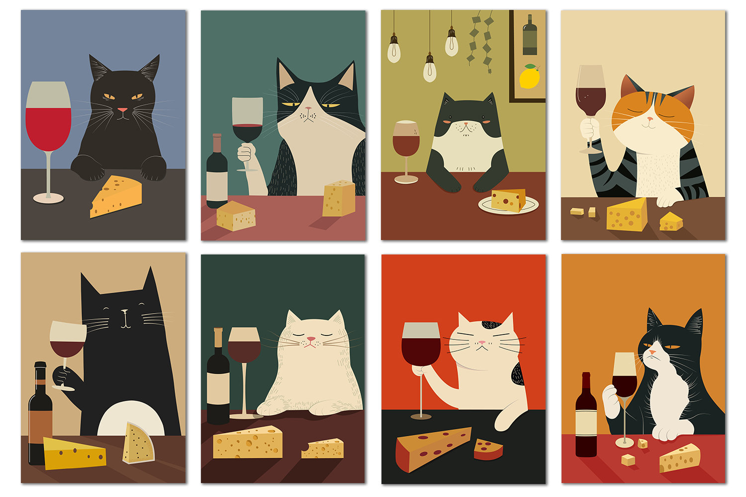 Cats Drinking Wine Poster Set Whimsical Animal Art High-resolution Digital Prints AI, EPS, JPG ...