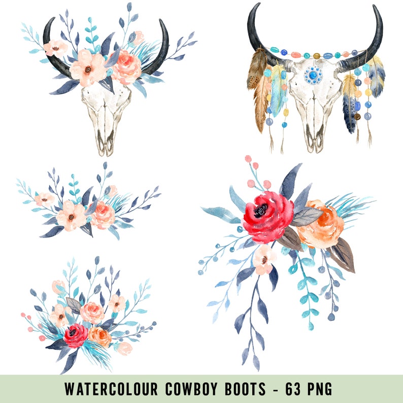 Hand-painted Watercolor Cowboy Boots Set of 63 PNG Images Western Style ...