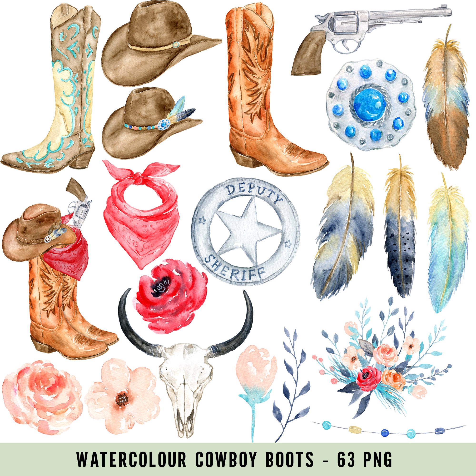Hand-painted Watercolor Cowboy Boots Set of 63 PNG Images Western Style ...