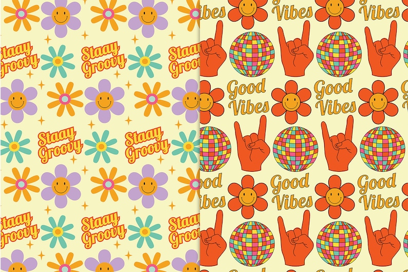 Retro Groovy Digital Papers, 70s Background, Hippy Pattern, Vintage ...