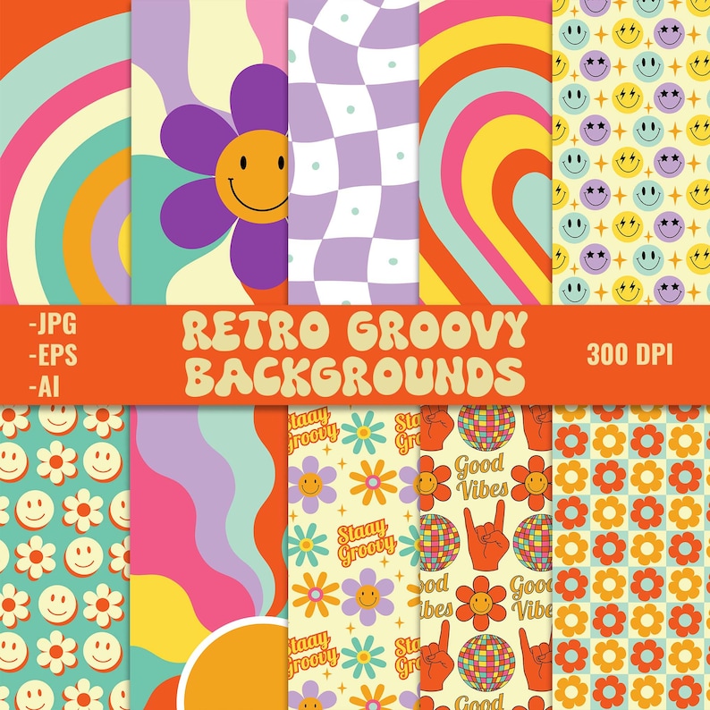 Retro Groovy Digital Papers, 70s Background, Hippy Pattern, Vintage ...