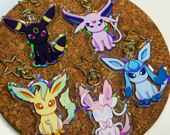 Holo Eevee Eeveelution & Shiny 1.5'' Mini Acrylic Keychain / Charm Eevee Espeon Vaporeon Flareon ...