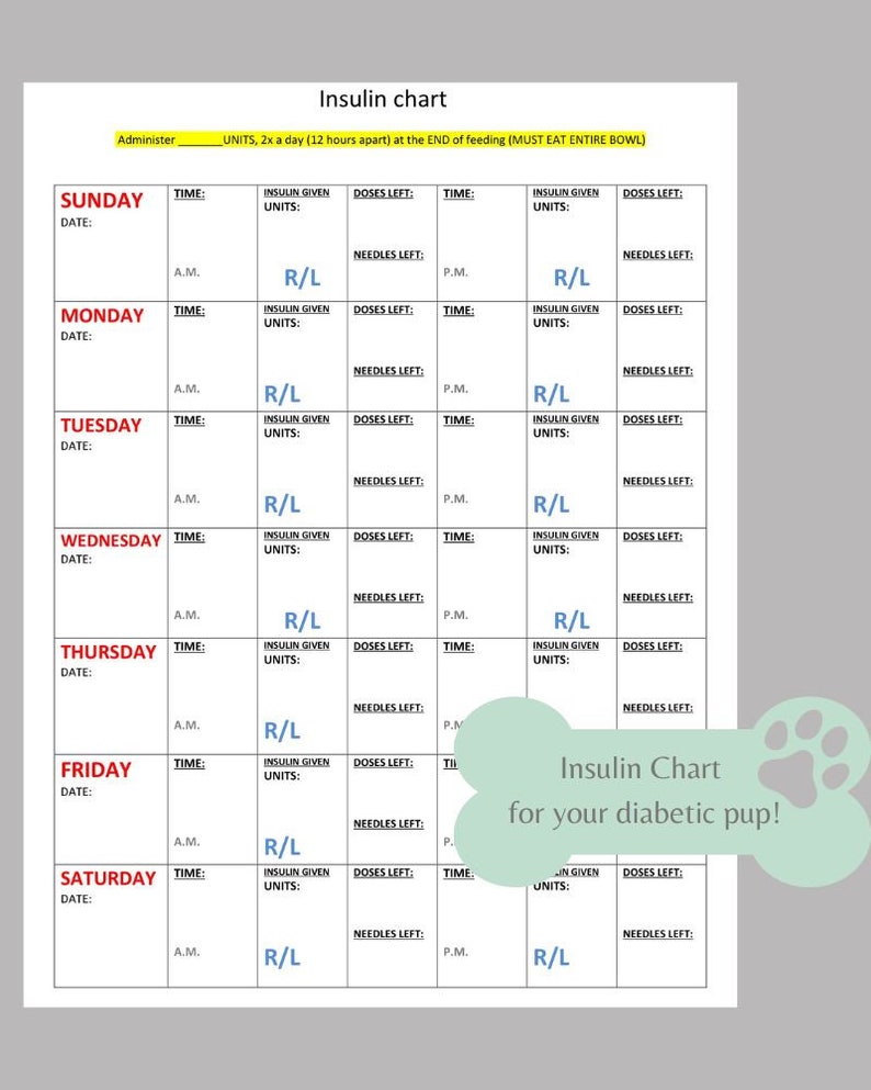 Printable Dog Insulin Chart, Log Book, Journal Planner, Monitor ...