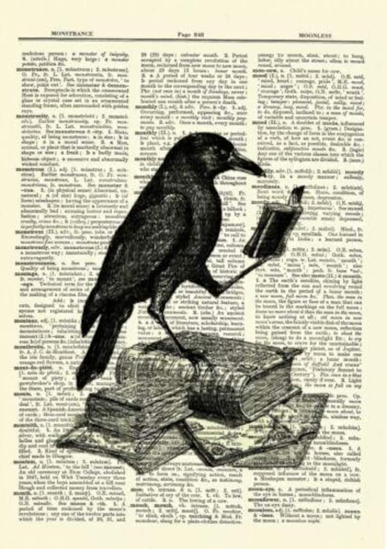 Raven on Books, Vintage Dictionary Art Print, Antique Picture, Wall ...