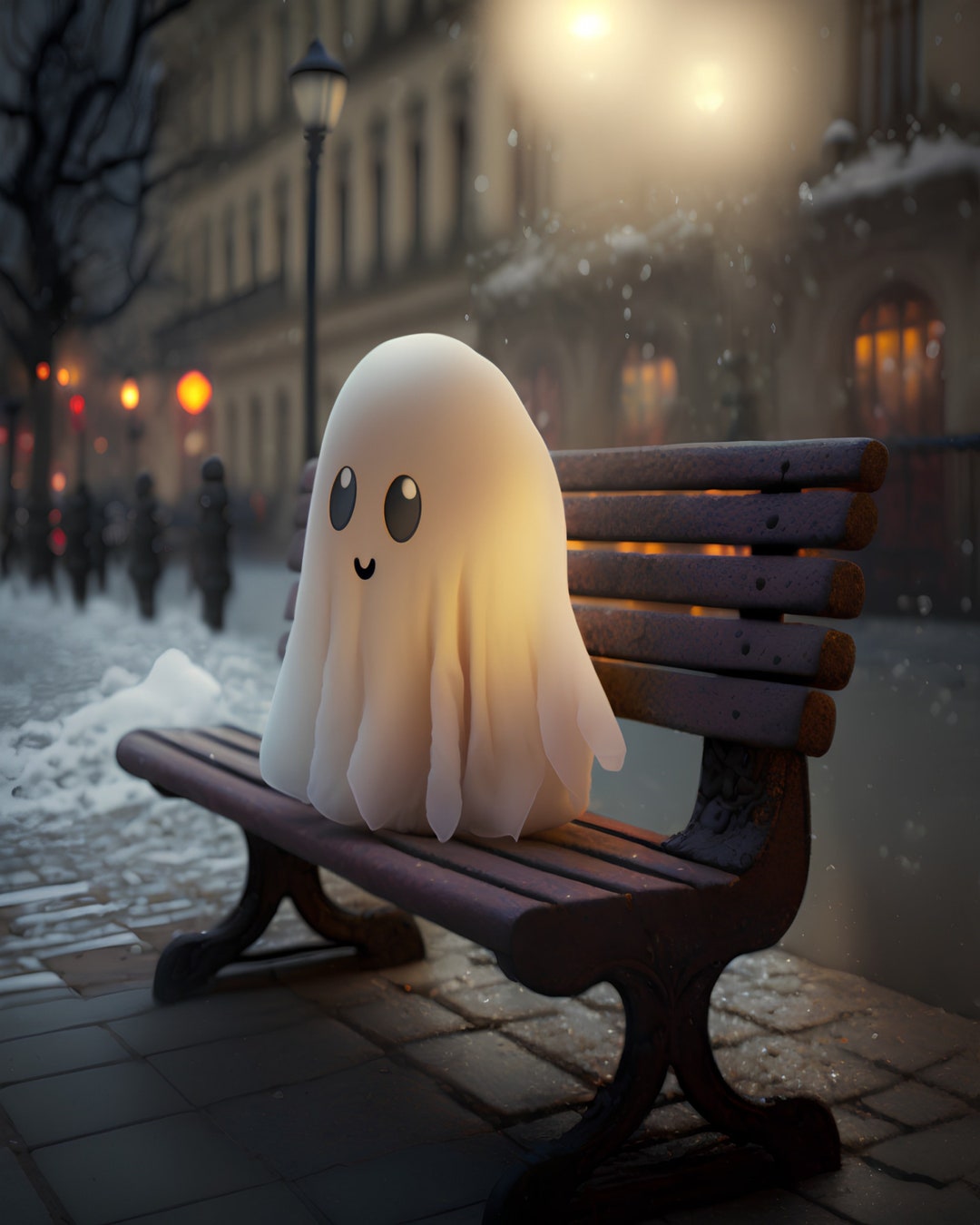 Cute Ghost Sitting on Bench, Art Print, Wall Hanging Poster, Photograph ...
