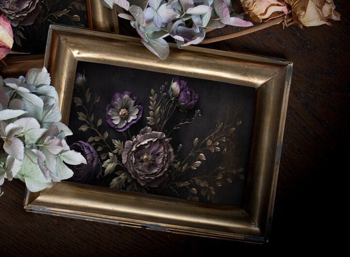 Dark Purple Flowers, Floral Academia, Art Print, Wall Hanging, Poster ...