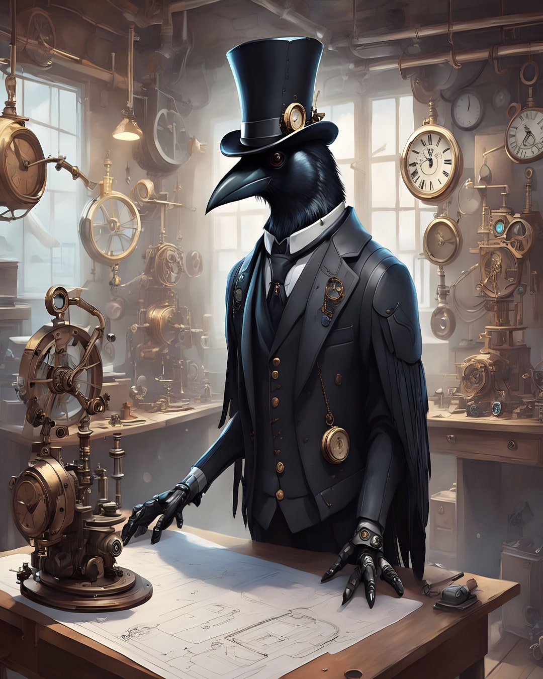 Clockmaker Raven, Victorian Art Print, Wall Hanging, Animal Poster ...