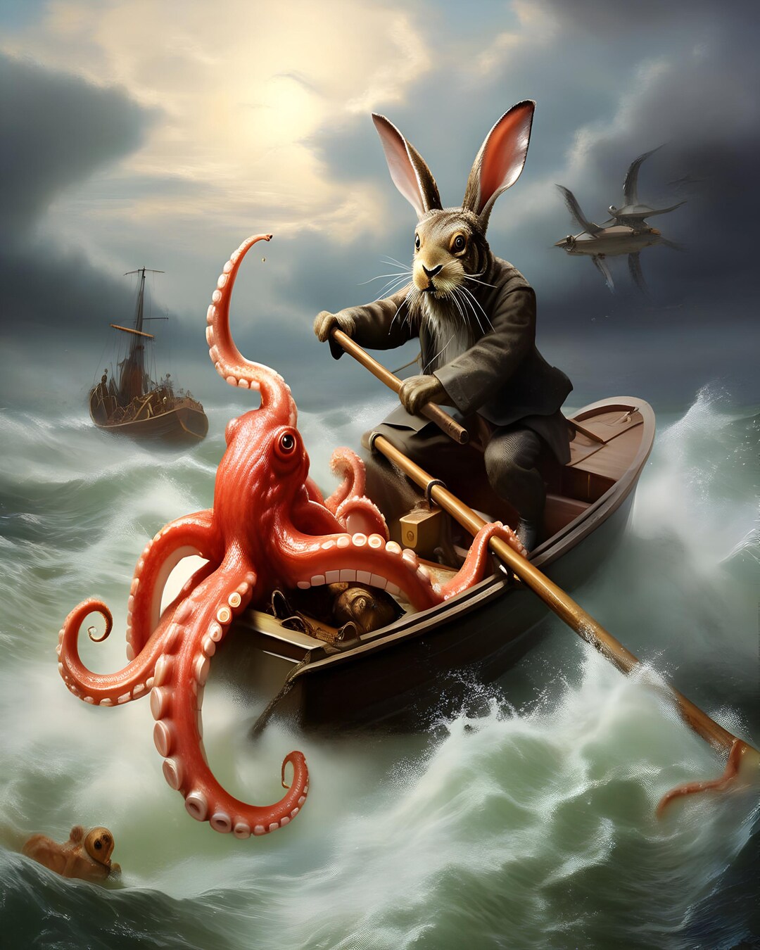 Rabbit & Octopus at Sea, Victorian Art Print, Wall Hanging, Animal ...