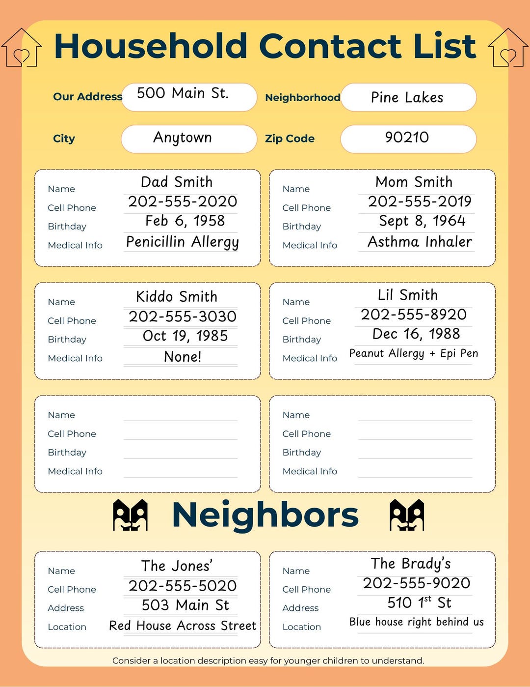 Family Emergency Contact Sheet – 3 Page Printable PDF for Household ...