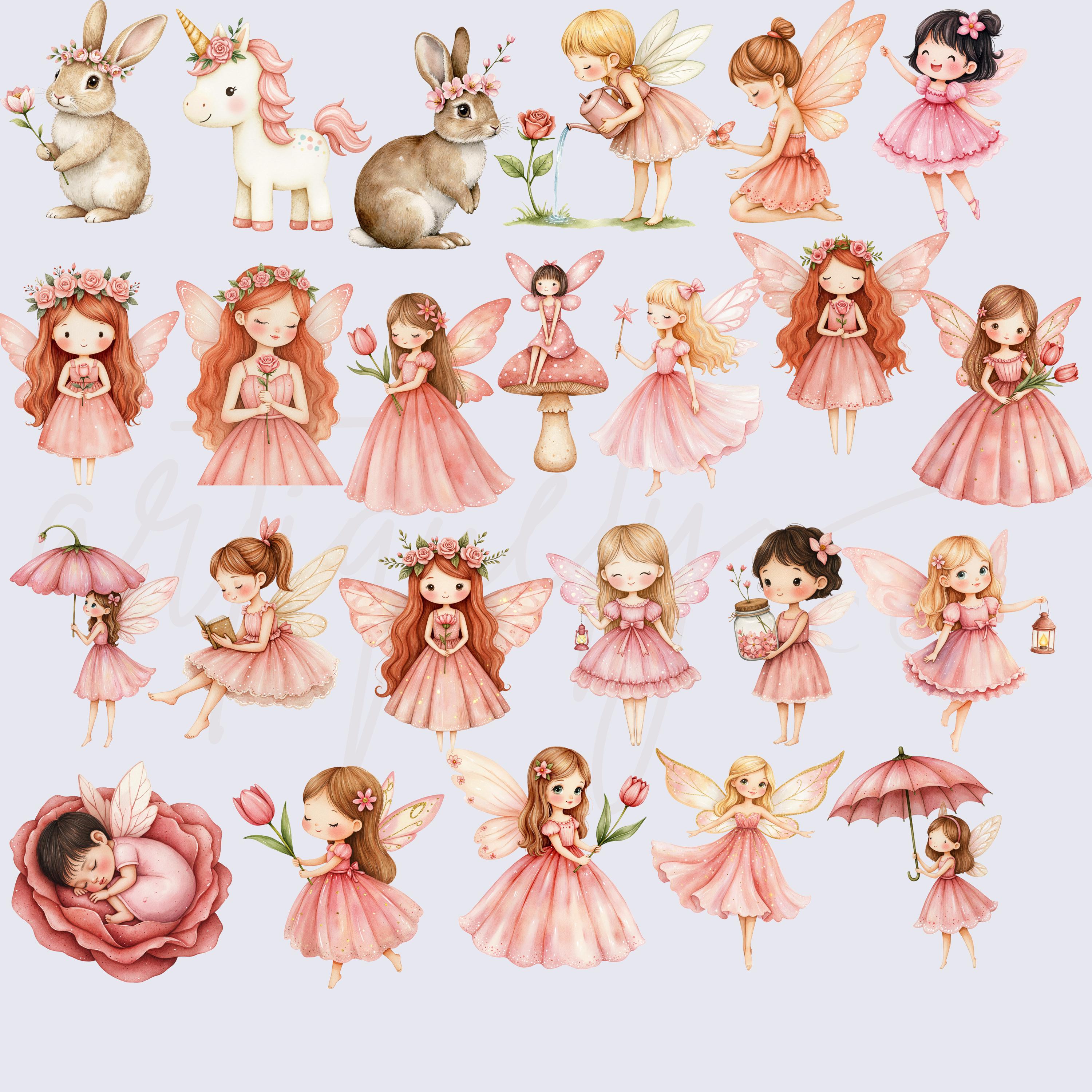 Watercolor Fairy Clipart Bundle | Pink Magical Garden Fairies PNG ...