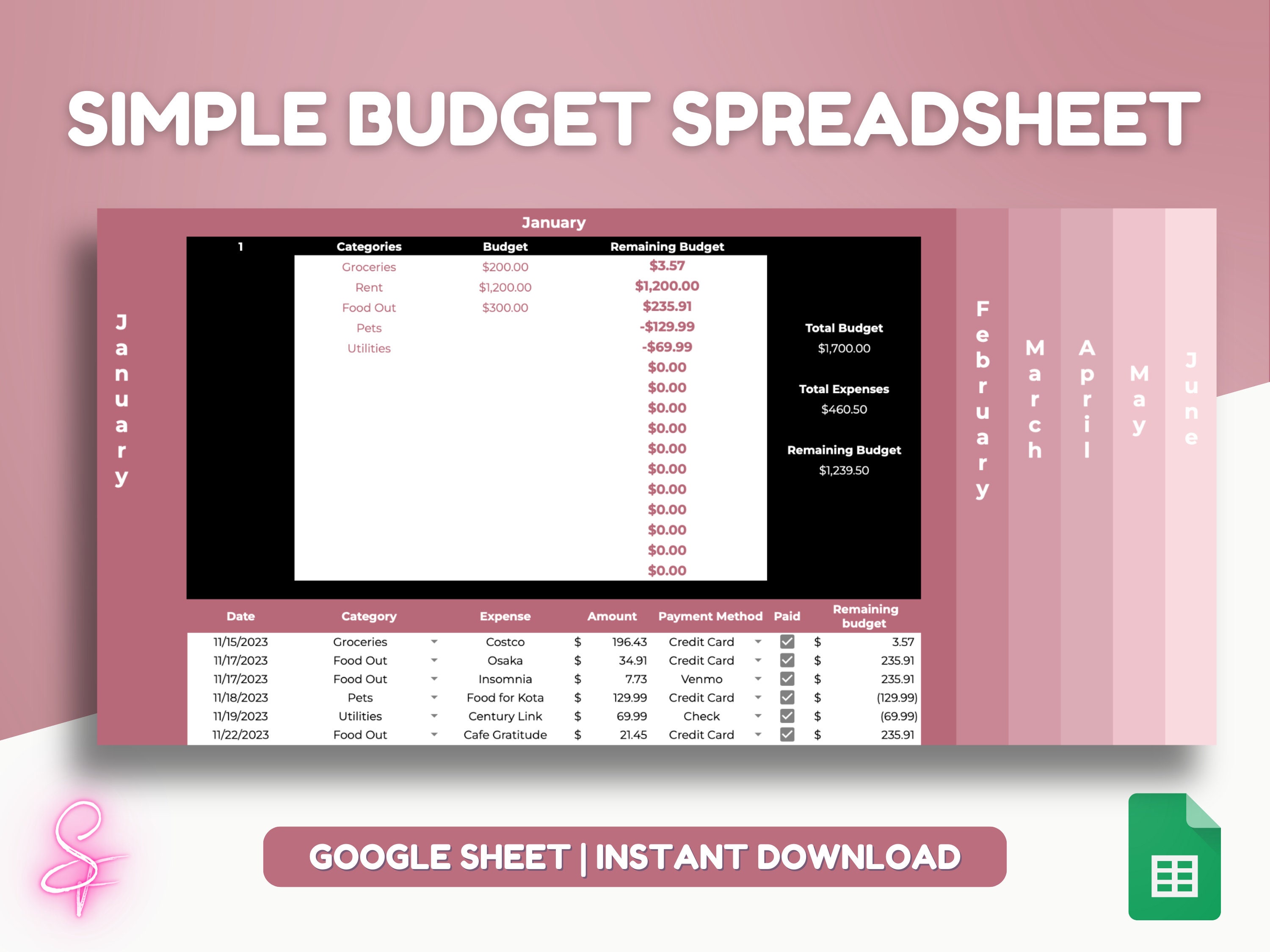 Simple Monthly Budget and Expense Tracking Spreadsheet [dusty Rose] - Etsy
