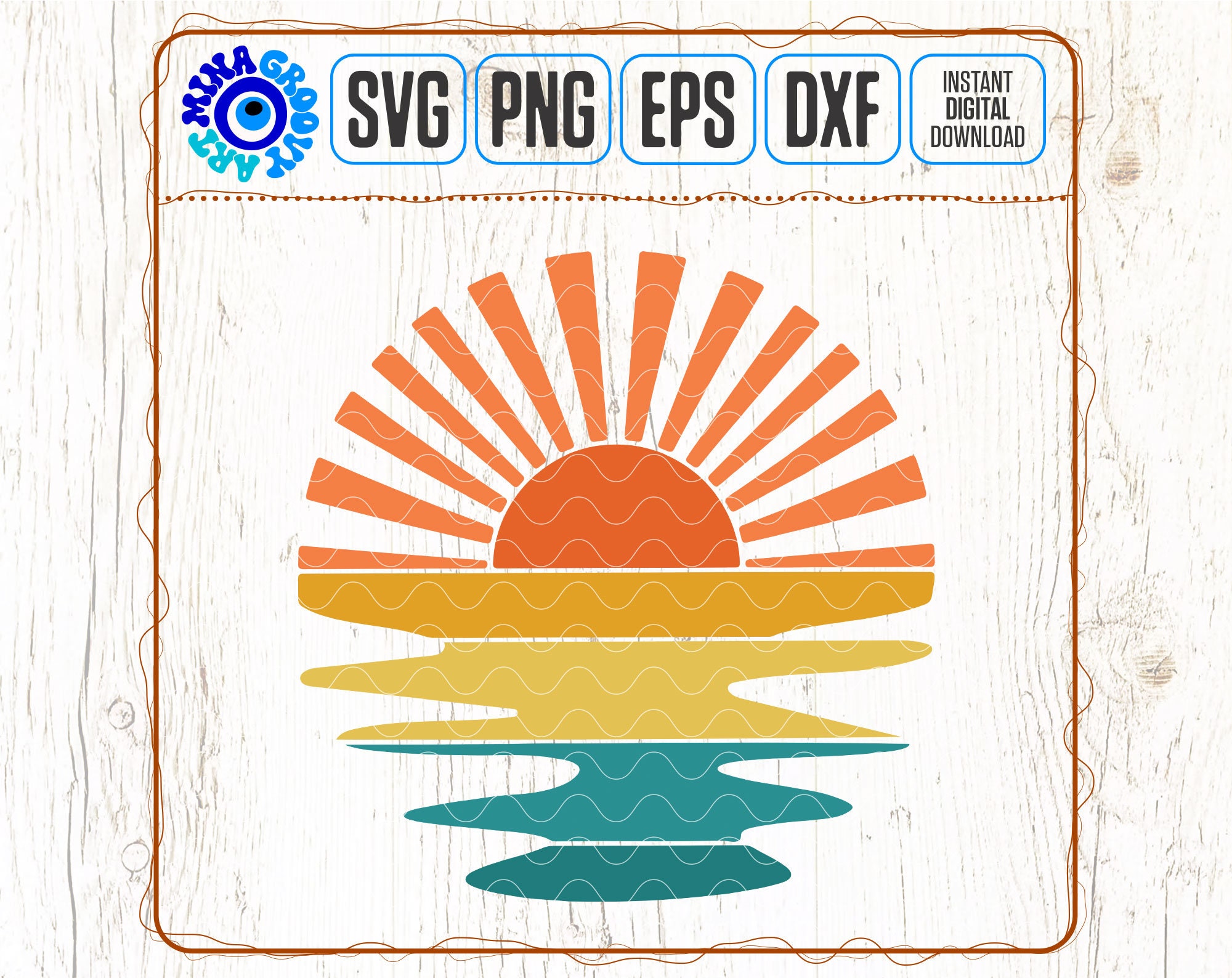 Retro Sunset Rays SVG PNG DXF, Wavy Water Svg, Ocean Waves Svg, Sun ...