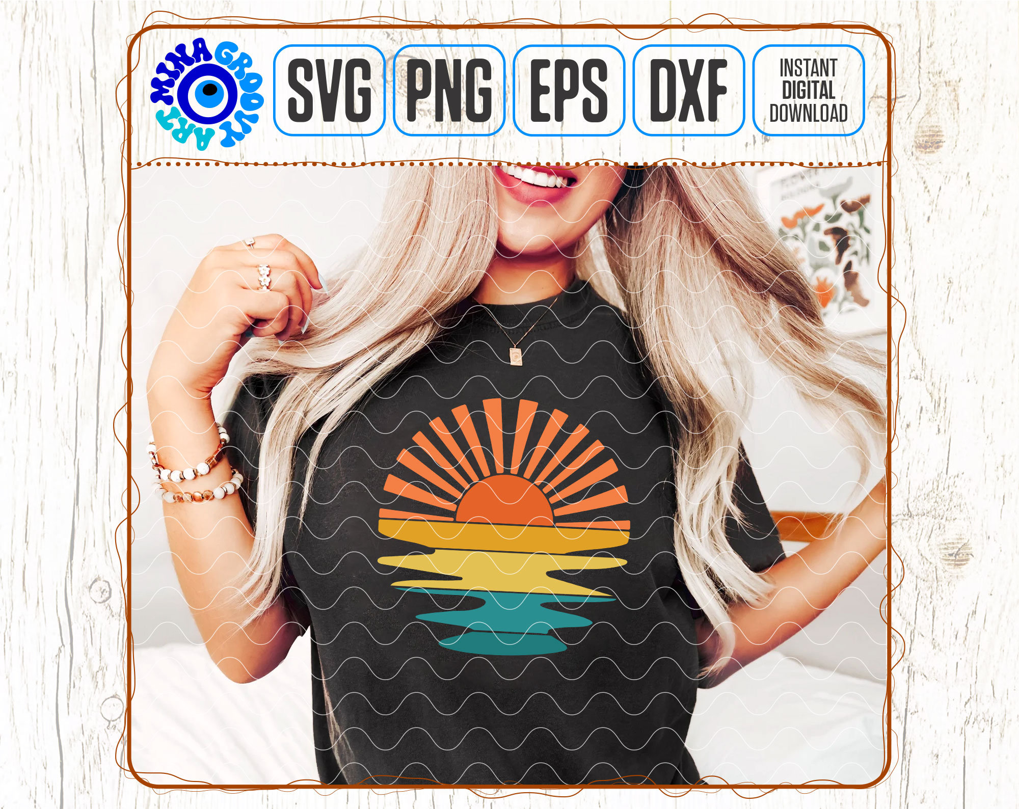 Retro Sunset Rays SVG PNG DXF, Wavy Water Svg, Ocean Waves Svg, Sun ...