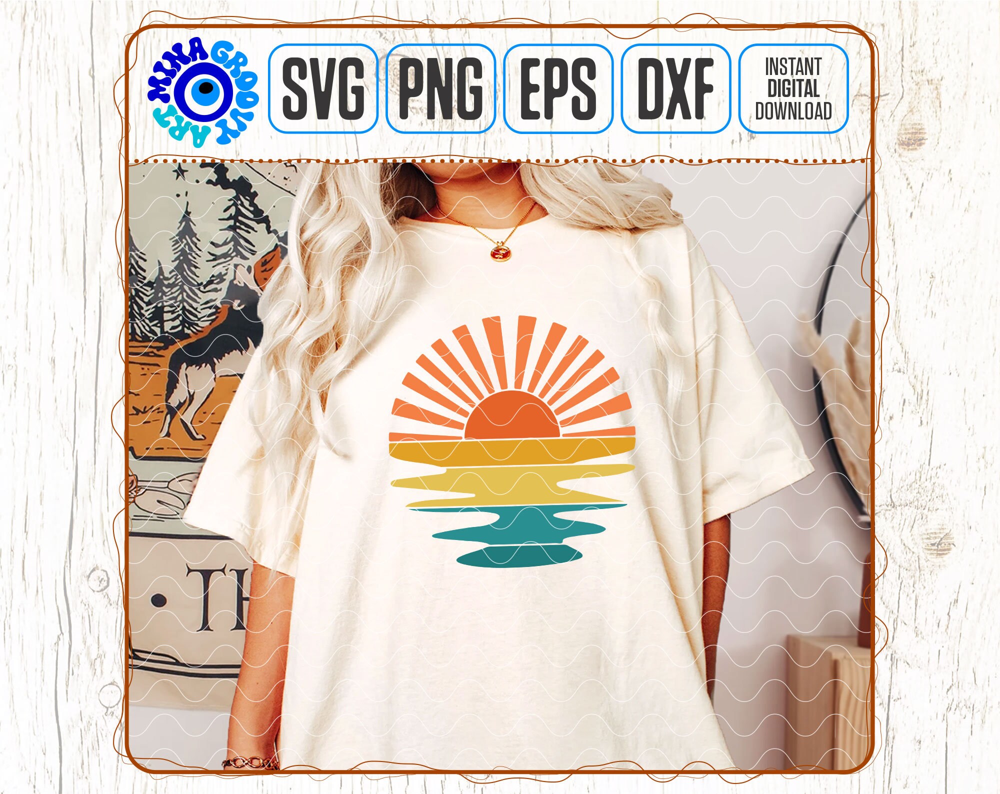 Retro Sunset Rays SVG PNG DXF, Wavy Water Svg, Ocean Waves Svg, Sun ...