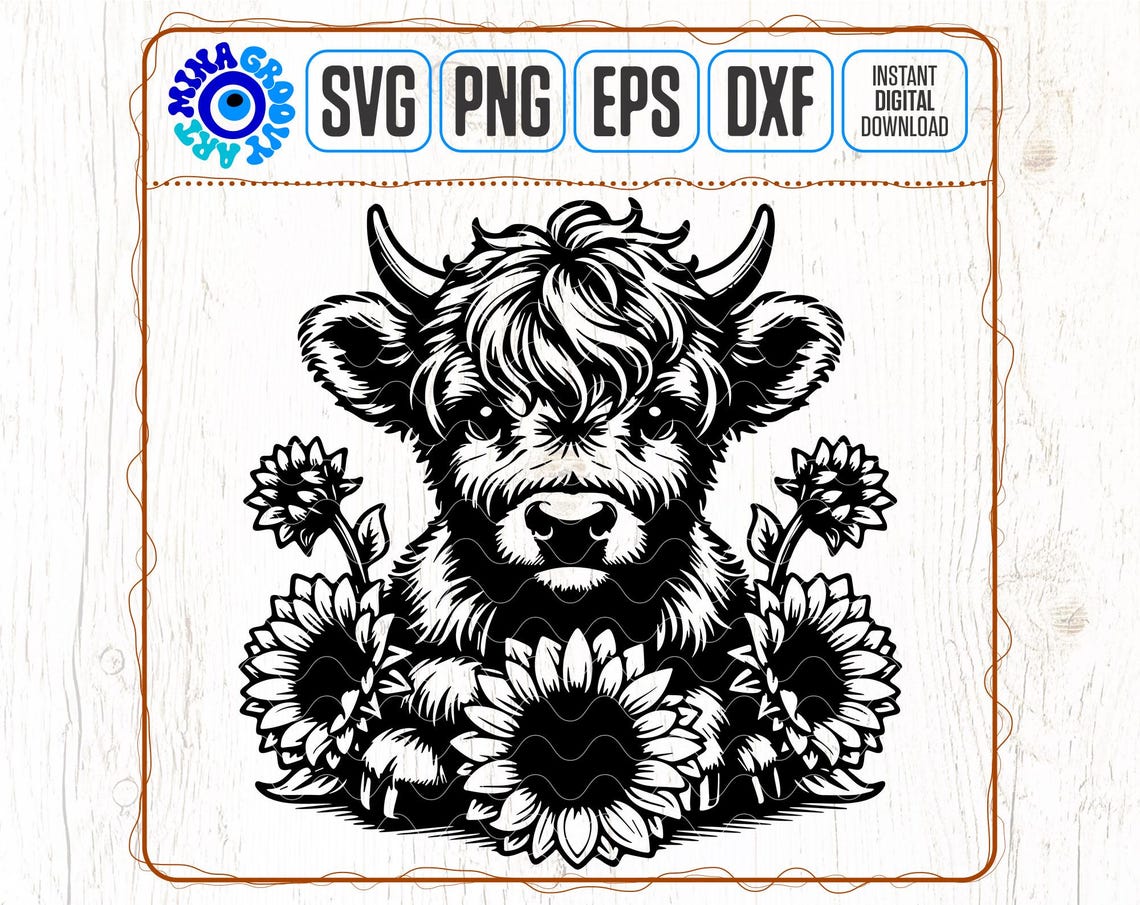 Highland Cow SVG PNG DXF, Highland Cow With Sunflowers Svg, Cow Clipart ...