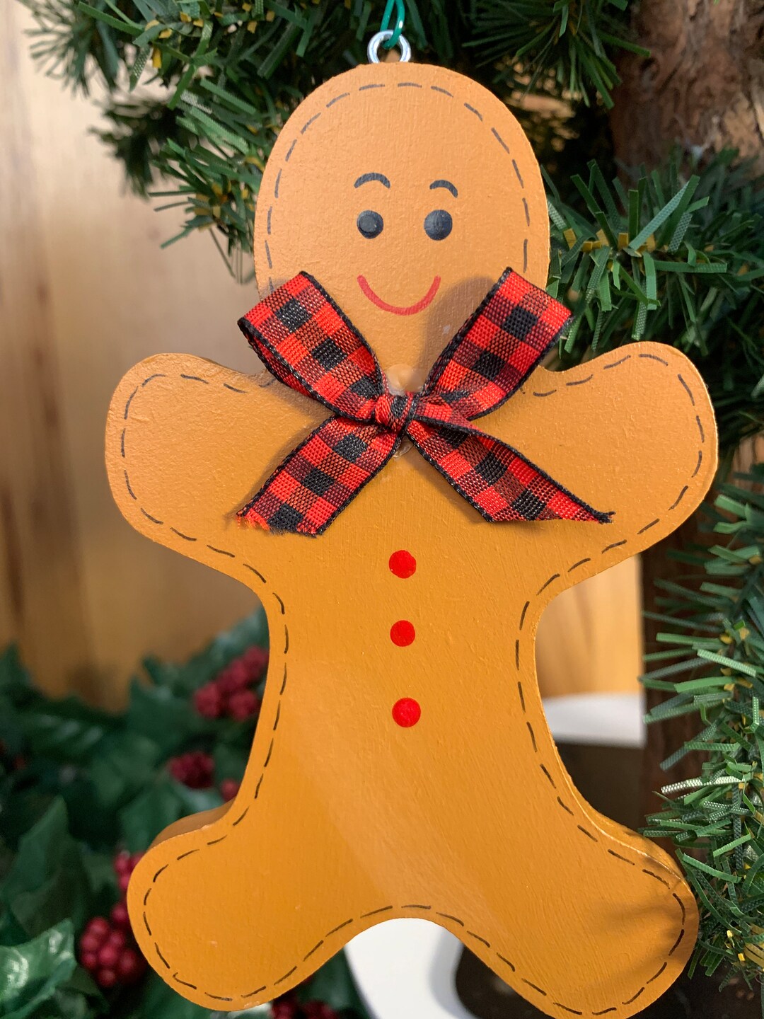 Hand-painted Gingerbread Man Christmas Ornament With Buffalo Plaid Bow ...