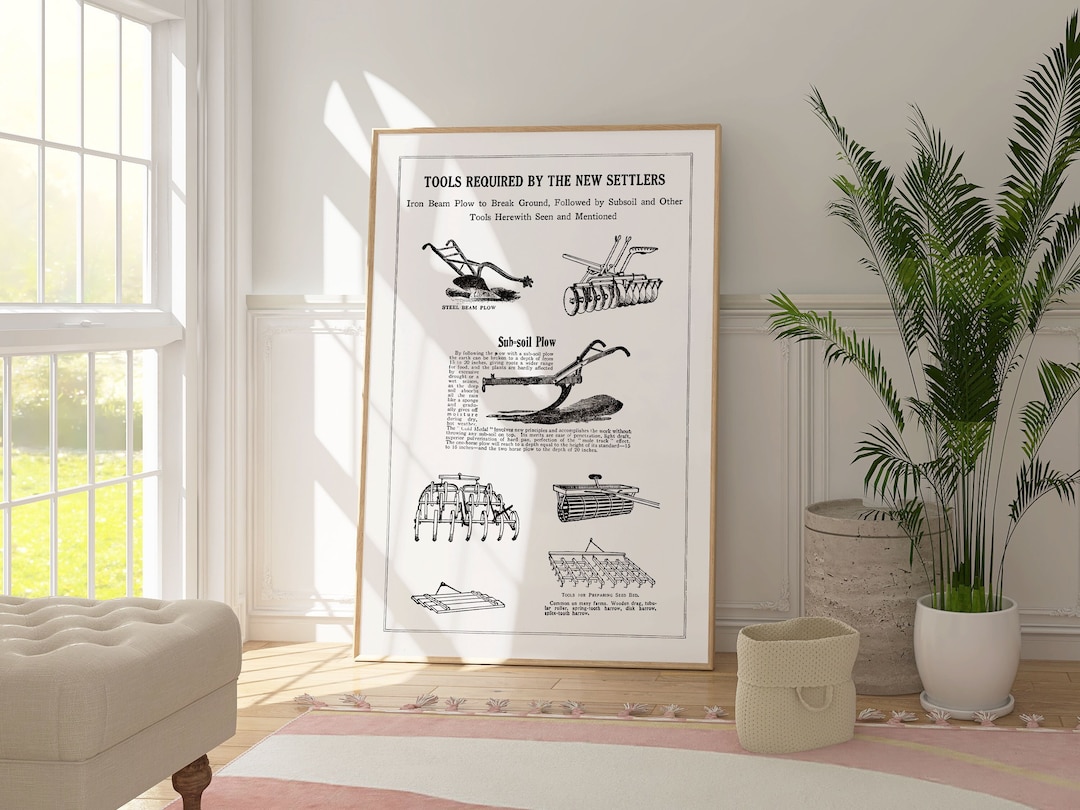 Vintage Farm Tools Illustration Chart, Black and White Poster, Retro ...