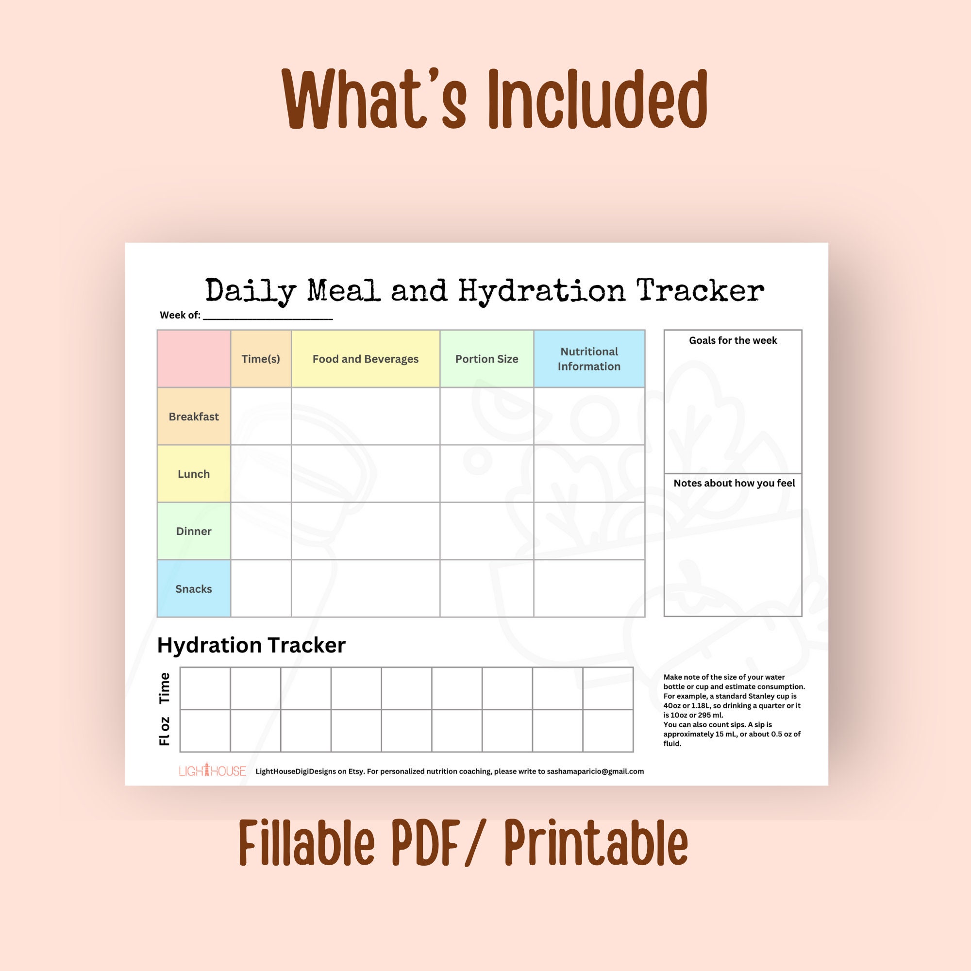 Ultimate Daily Meal & Hydration Tracker Fillable PDF With Portion Guide ...