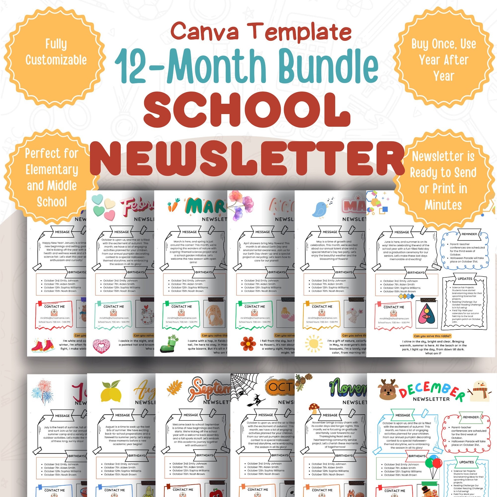 Editable Monthly Newsletter Template for Teachers - Canva, Easy-to-use ...