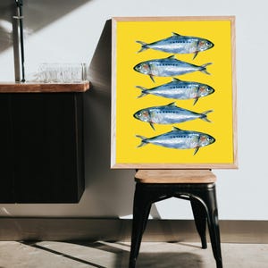 Sardines Fish Sea Life Ocean Seafood Bright Yellow Kitchen Wall Art ...