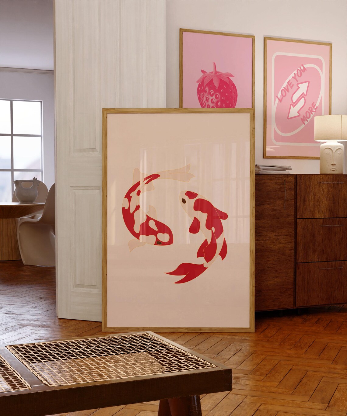 Red Beige Koi Fish Print Love Digital Printjapanese Aesthetic Trending ...