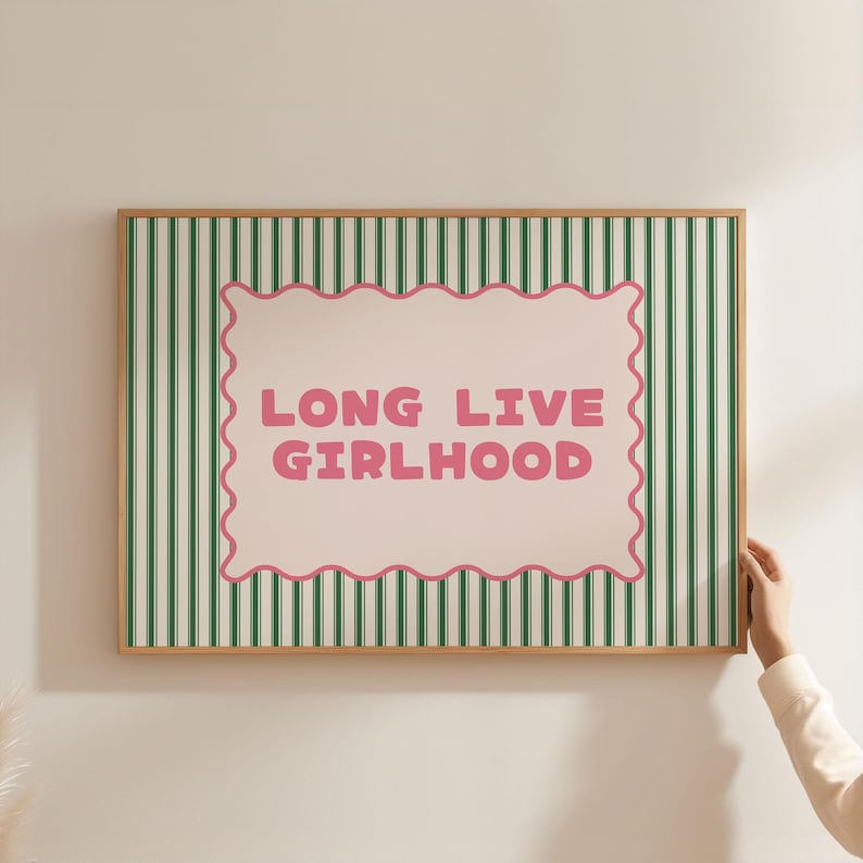 Long Live Girlhood Vintage Girl Nursery Wall Art | Pink & Green Striped ...