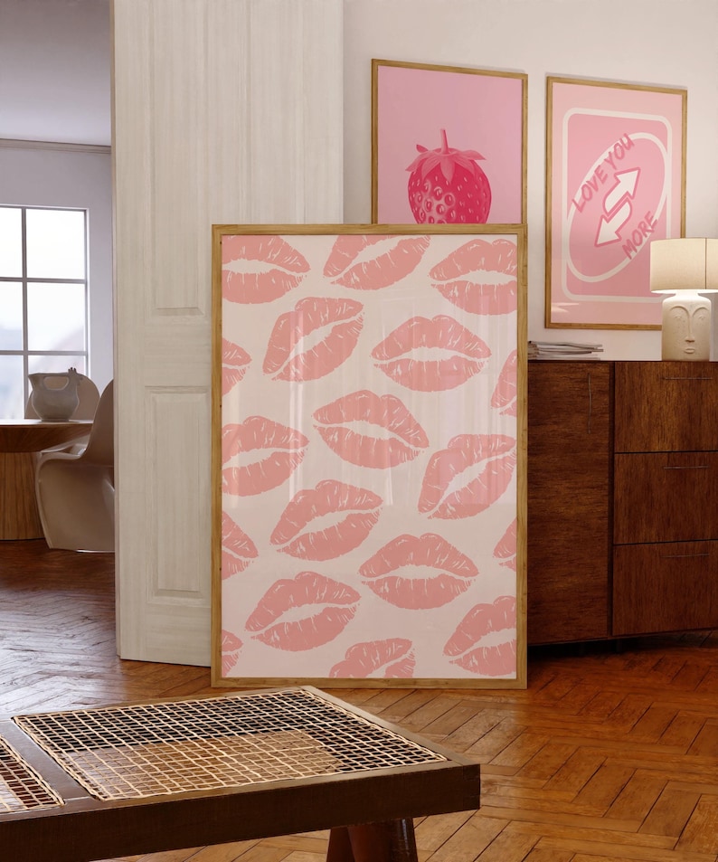 Lip Kiss Poster | Retro Preppy Coquette Aesthetic Pink Wall Art ...