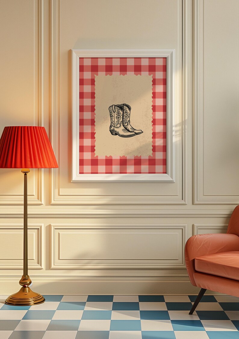 Vintage Checkered Rodeo Print Western Bedroom Poster Cowboy Boots Red ...