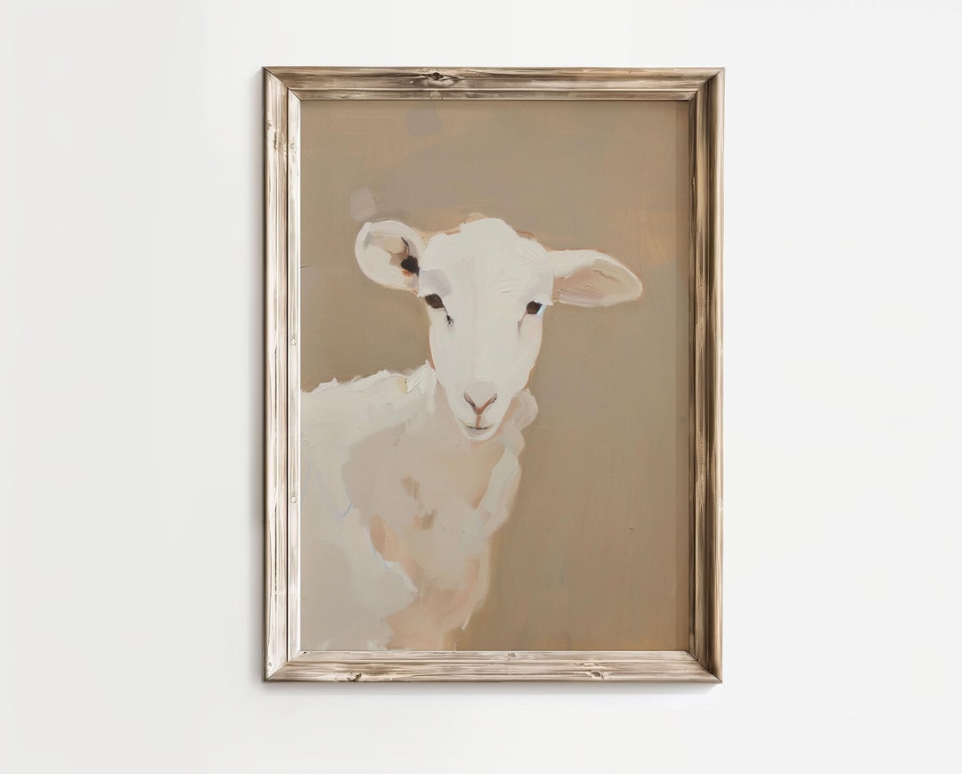 Mid-century Vintage Sheep Lamb Portrait Beige Animal Wabi Sabi Living ...