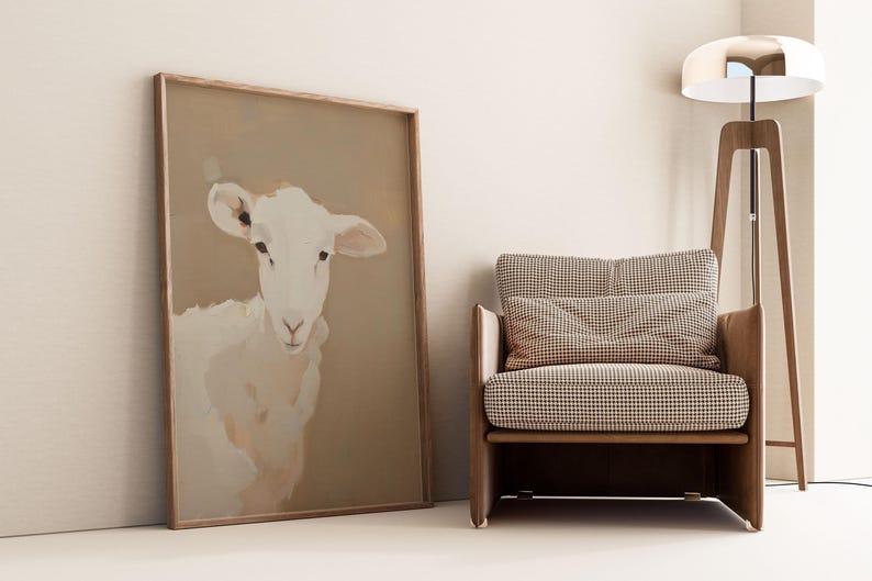 Mid-century Vintage Sheep Lamb Portrait Beige Animal Wabi Sabi Living ...